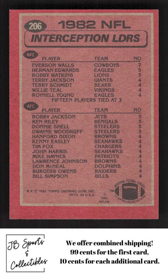 1983 Topps Interception Leaders Everson Walls #206 | eBay