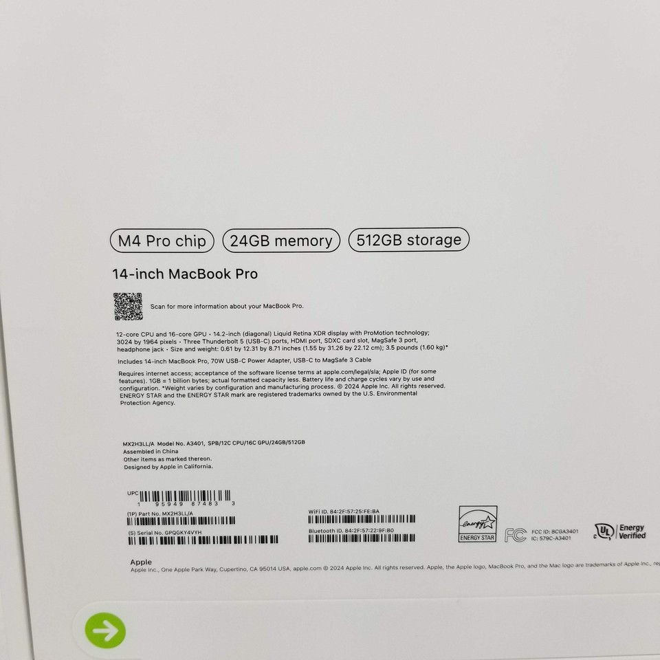 New 2024 Apple MacBook Pro 14" M4 Pro 4.05GHz 24GB RAM 512GB SSD ...