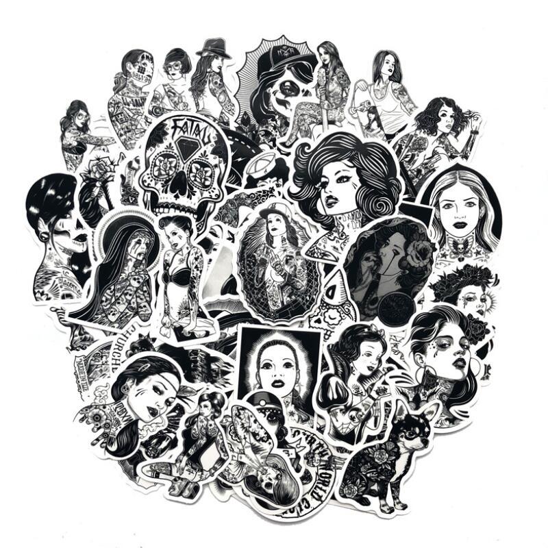 Retro Black And White Girl Stickers Car Luggage Skateboard Decals 68Pcs ...