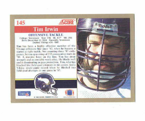 Tim Irwin Vikings Defensive Tackle #145 Score 1991 Football Card | eBay