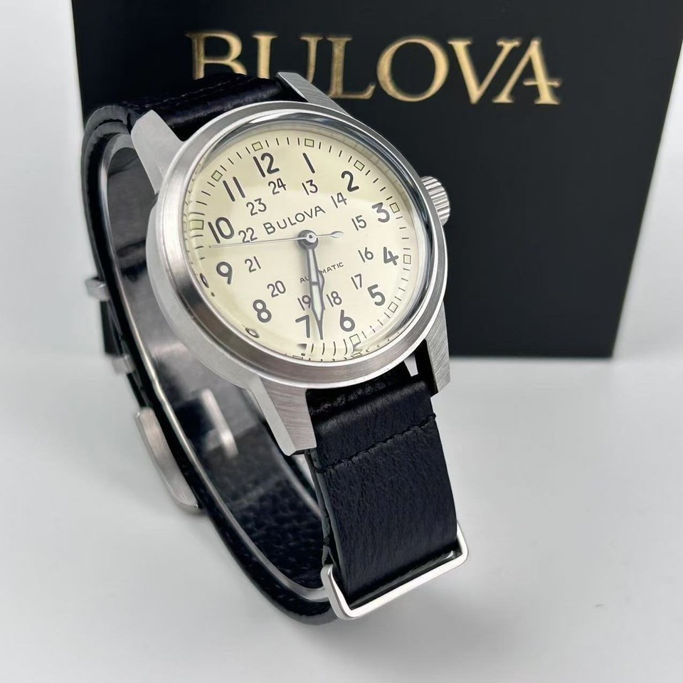 New Bulova Hack 96A246 Men's Automatic Watch Ivory Dial Black Leather ...