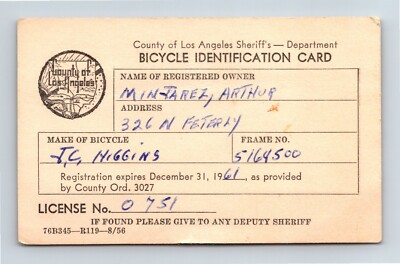 1961 Bicycle Identification Card County Of Los Angeles Sheriff's ...