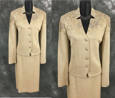 BEAUTIFUL St John evening knit embellished gold shimmer jacket dress ...