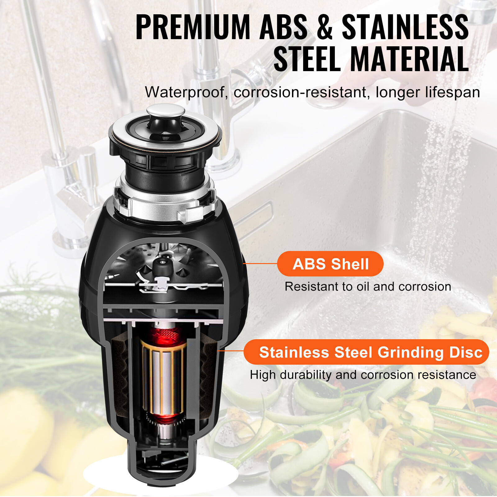 Garbage Disposal 3/4 HP Continuous Food Waste Disposer 3250RPM EZ ...