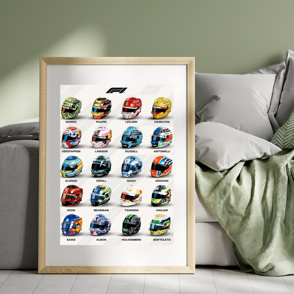 F1 Driver Helmets Poster Formula One Grand Prix Racing Sports Car Art ...