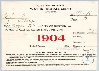 City of Boston Water Department City Hall Billhead 1904 Geo. M. Rogers ...