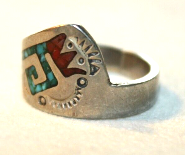 TOMMY SINGER NAVAJO STERLING SILVER TURQUOISE CORAL INLAY RING SIGNED T ...