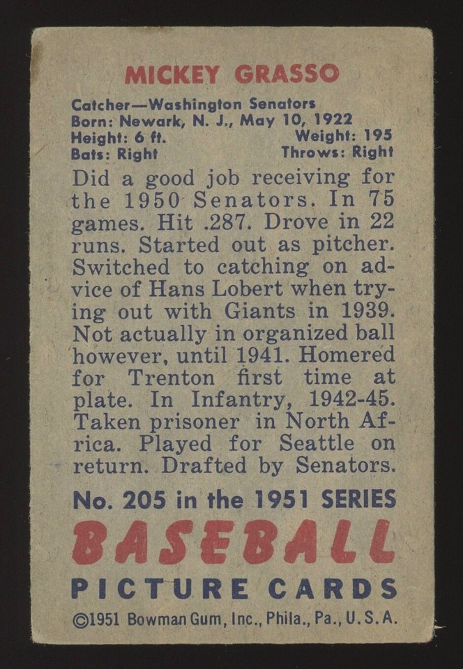 1951 Bowman #205 Mickey Grasso Period Signed Auto - BAS Certified | eBay
