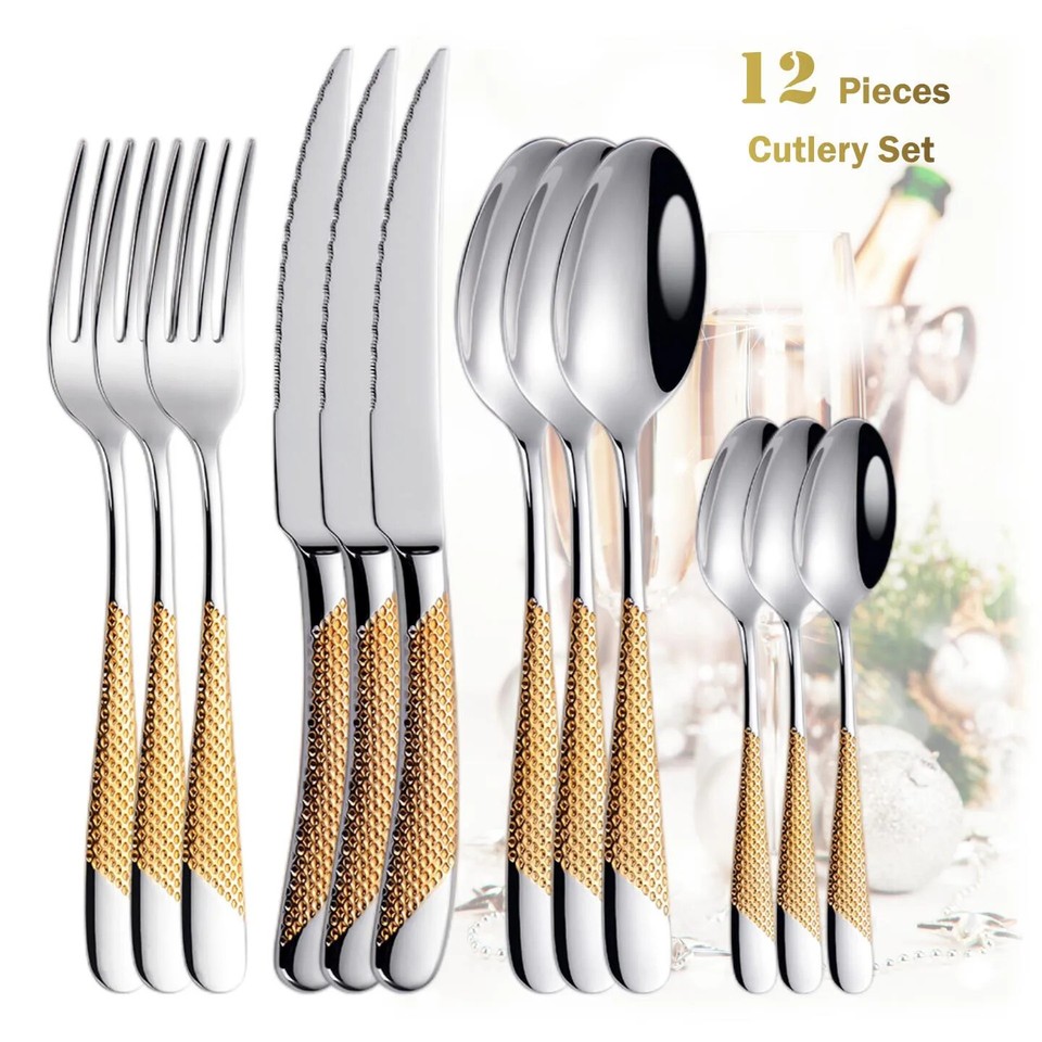 Luxury Gold Plated Flatware Set Silverware Hammered Handle, Cutlery ...