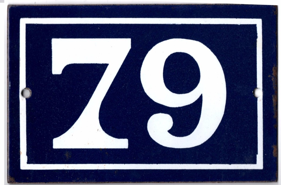 Old blue French house number 79 door gate wall fence street sign plate ...
