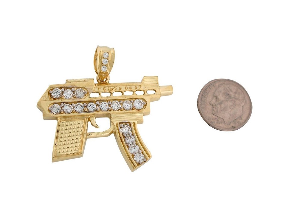 10k or 14k Yellow Gold White CZ Machine Gun Charm Pendant | eBay