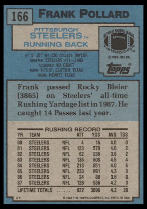 1988 Topps #166 Frank Pollard Pittsburgh Steelers Football Card | eBay