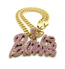Women Gold Plated Pink Barbie Iced Cubic Zirconia Charm & Cuban Chain ...