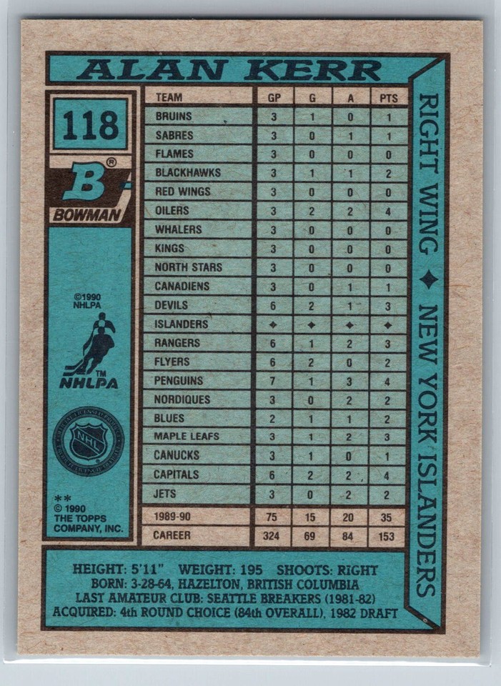1990-91 Bowman Alan Kerr New York Islanders #118 | eBay
