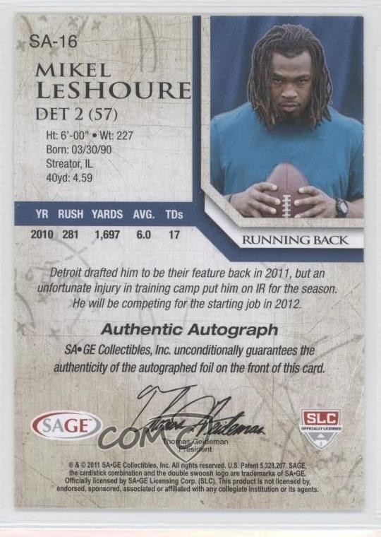 2011 SAGE Five Star Auto /50 Mikel Leshoure #SA-16 Rookie Auto RC | eBay