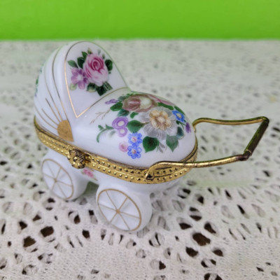Vintage Baby Carriage Stroller Jewelry Gold Handle Floral Porcelain ...