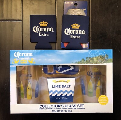 Corona Surfboard Pint Glass Set + Bottle Opener Lime Salt 2 Coozies ...