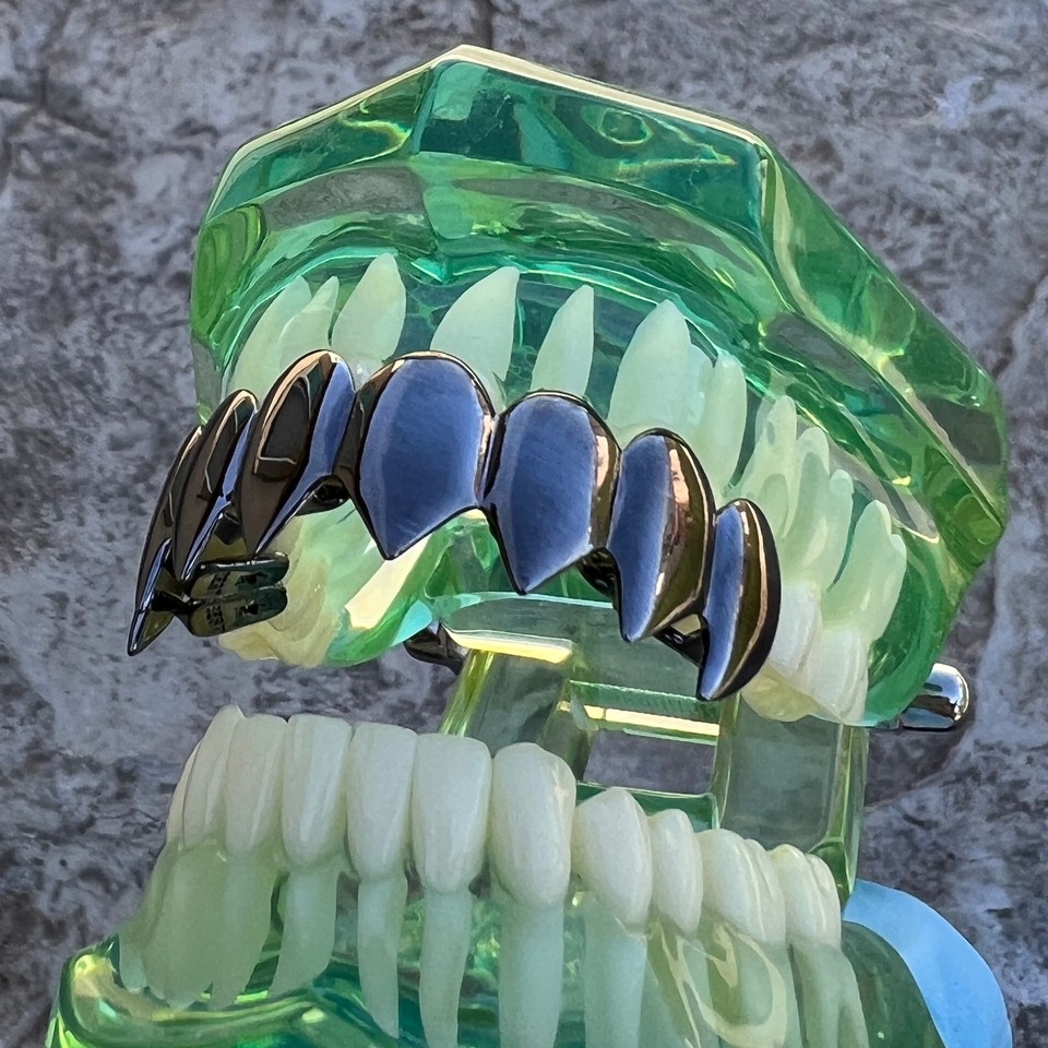 Black Shark Grillz Eight Top Teeth 8 Tooth Vampire Fangs Mouth Hip Hop ...