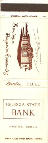 Martinez Georgia Georgia State Bank Member F.D.I.C. Vintage Matchbook ...