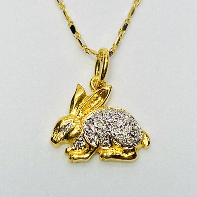 18K Yellow Gold 0.04ctw Diamond Rabbit Pendant 16" Dapped Bar Link ...