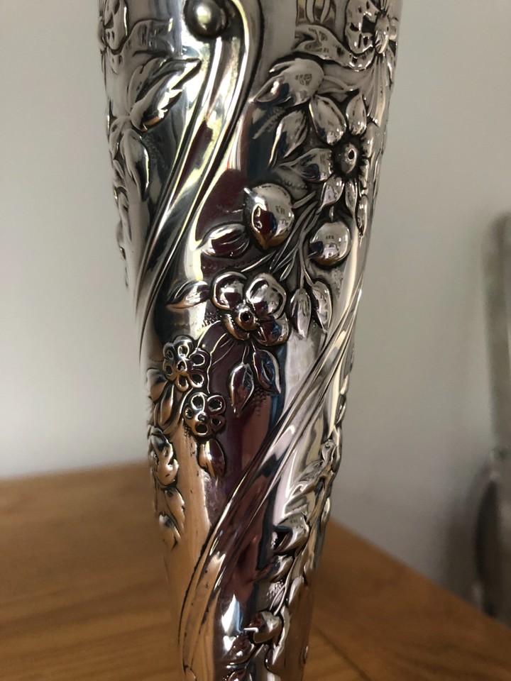VICTORIAN SOLID SILVER REPOUSSE LARGE TRUMPET VASE | eBay UK