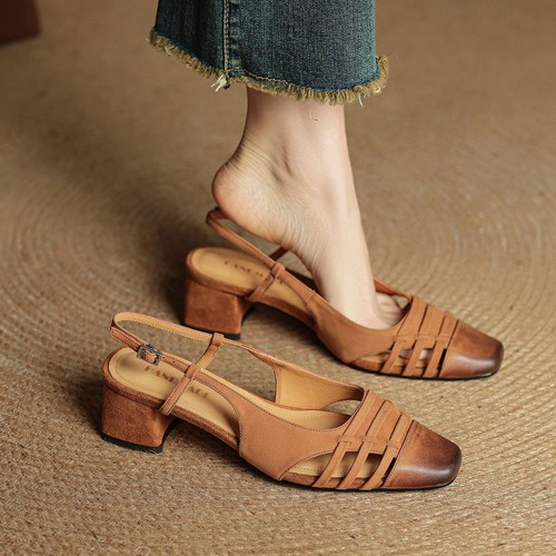 Womens Square Toes Thick Heels Sandals Summer Middle Heel Shoes Retro ...