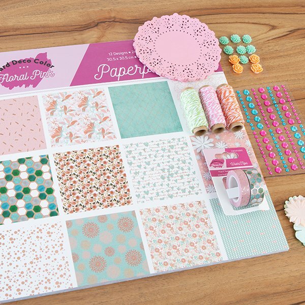 Dotty Designs Pink Florals 12" x 12" craft Paper Pad and embellishment ...