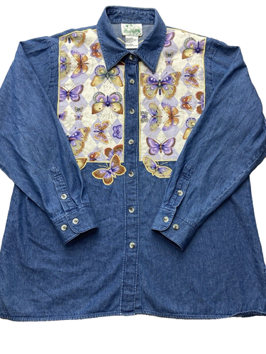 Quacker Factory Womens Shirt Large Blue Denim Embroidered Butterflies ...