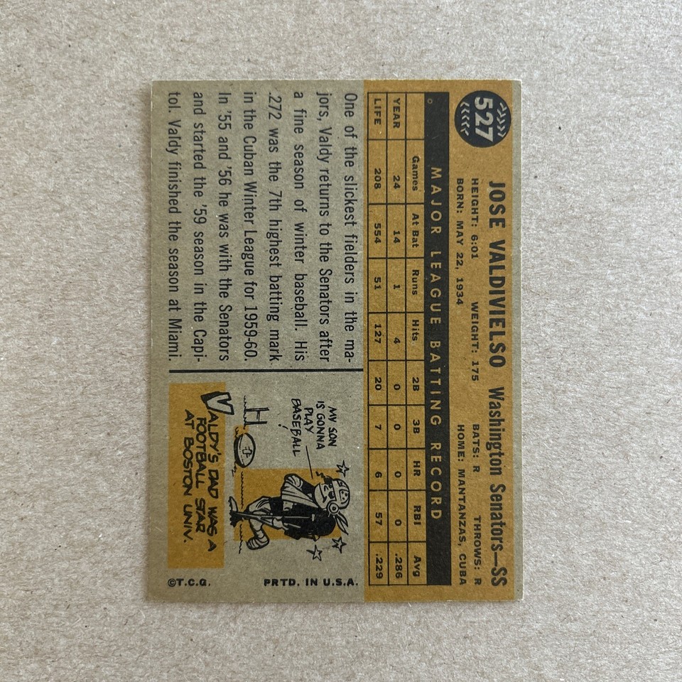 1960 Topps Baseball Jose Valdivielso Washington Senators Card #527 | eBay