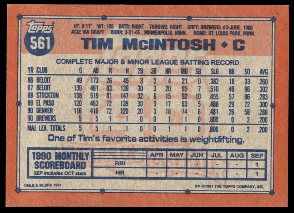 1991 Topps Baseball #561 Tim McIntosh | eBay