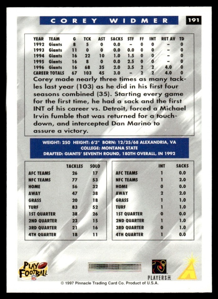 1997 SCORE COREY WIDMER #191 NEW YORK GIANTS 4264 | eBay