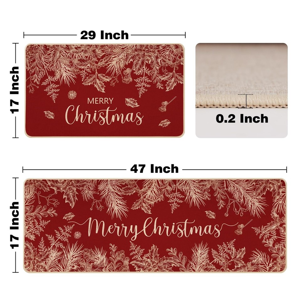 Christmas Kitchen Mat Set of 2, Non-Slip Holly Pine Branches Leaves Red ...