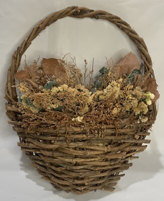 Vintage Decorative Grapevine Wall Hanging Basket Dried Florals 15” Flat ...