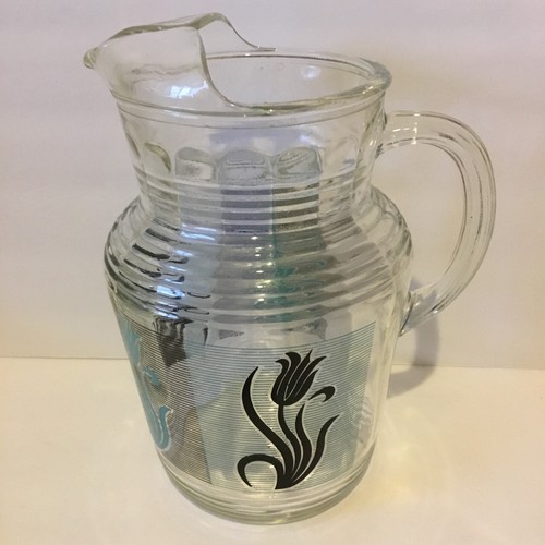 Vintage MCM Glass Water Pitcher Turquoise & Black Floral Design 8 1/2 ...
