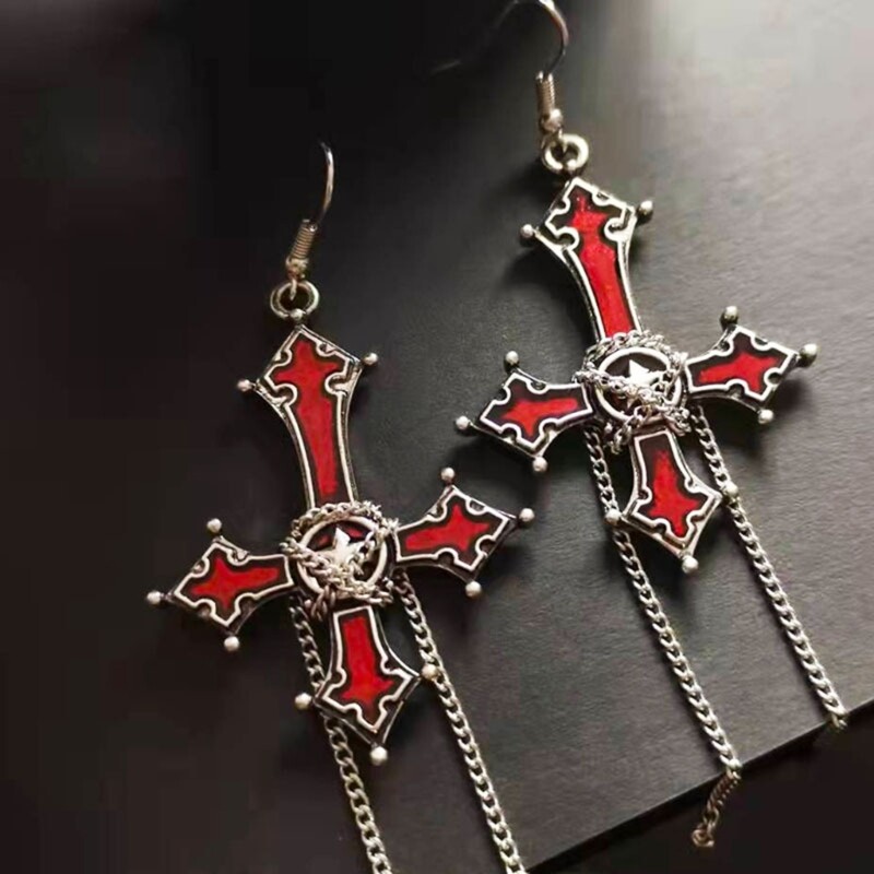 Bloody Skull Rose Inverted Cross-Pendant Earring Vintage Gothic Cross ...