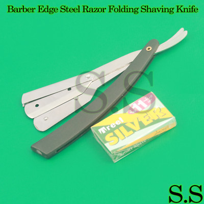 Black Straight Barber Edge Razor Folding Shaving Knife 11 Carbon Steel ...