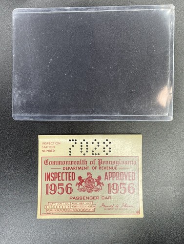 1956 Pennsylvania Inspection Sticker w/ HOLDER Pa VTG Car UNISSUED ...