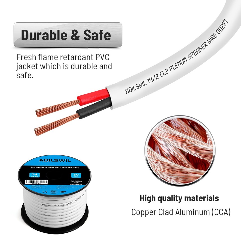 14 Gauge Speaker Wire (50FT), Electrical Wire,14 AWG Stranded PVC ...