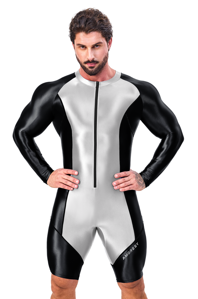 AMORESY Men Shiny Glossy Tracksuits Jumpsuits Oil Bodysuit Tights ...
