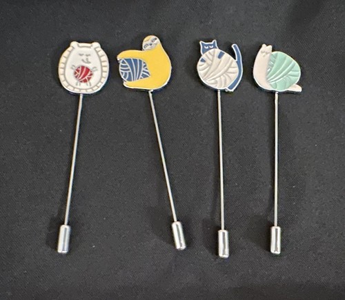 Cute Set Of 4 Animals With Yarn Balls Silver Tone Enamel Stick Pins Hat ...
