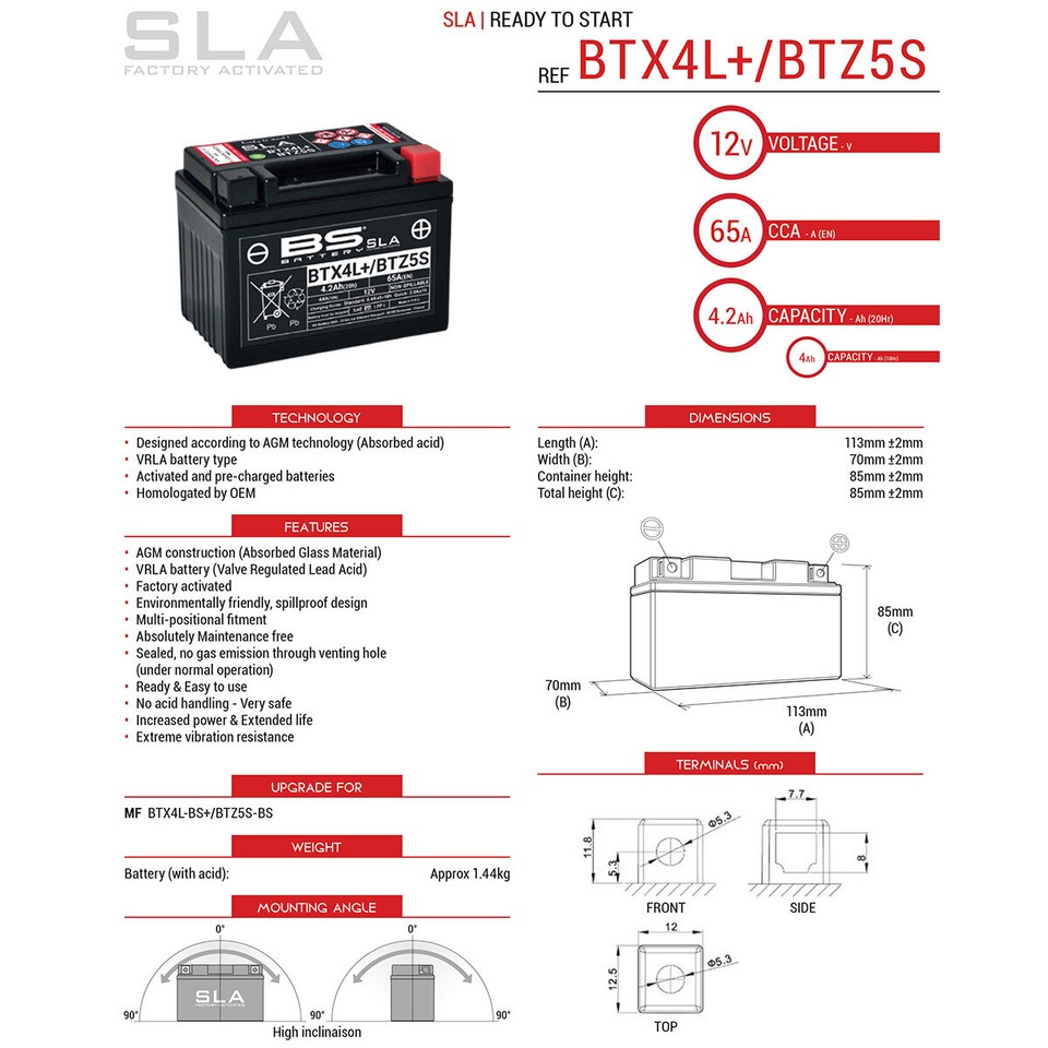 BATTERIA BS BATTERY SLA BTX4L+ / BTZ5S AEON REVO MINIKOLT 50 2004-2007 ...