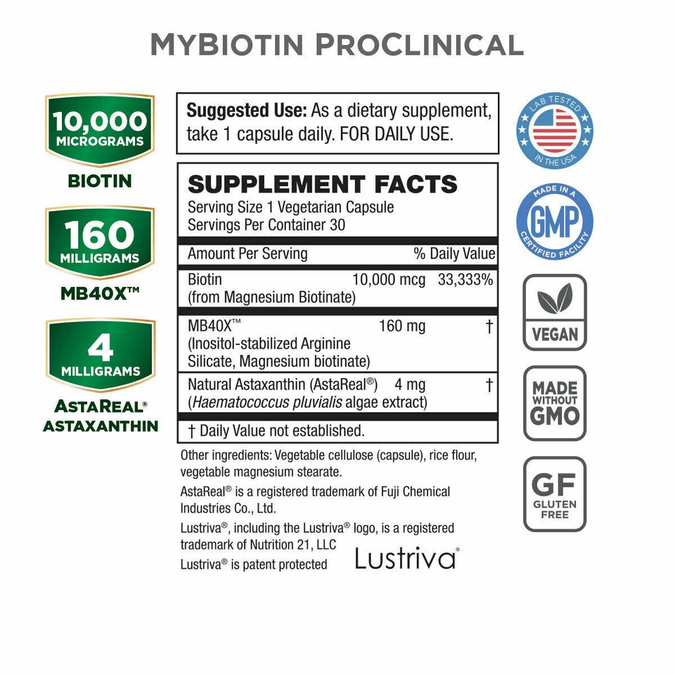 Purity Products My Biotin ProClinical MyBiotin 30 Caps w- Astaxanthin/L ...