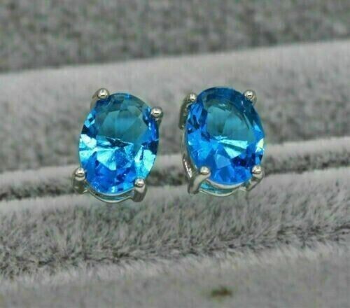4Ct Oval Cut Lab-Created Blue Topaz Solitaire Stud Earring 14k White ...