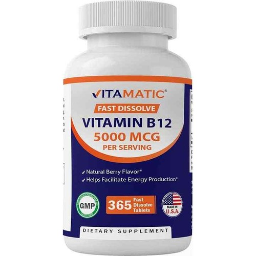 Vitamatic Vitamin B12 5000 mcg Fast Dissolve 365 Tabs NonGMO/No Gluten ...