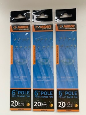 3 x PACKS MIDDY 6" Pole Pellet Band'Em Hooks to Nylon Barbless Hair ...