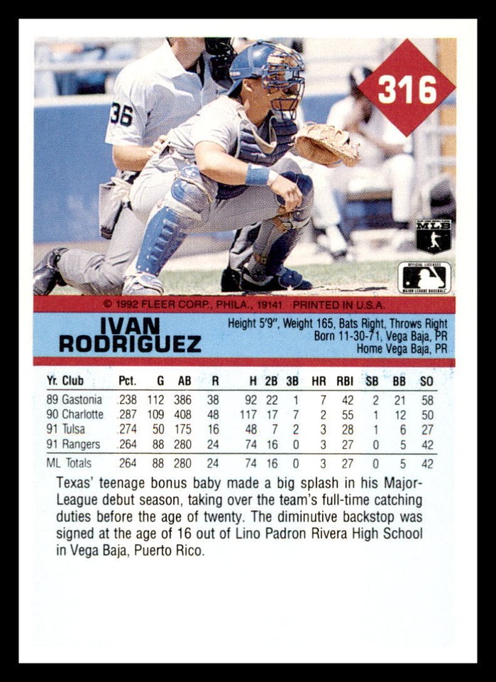 1992 Fleer #316 Ivan Rodriguez Texas Rangers | eBay