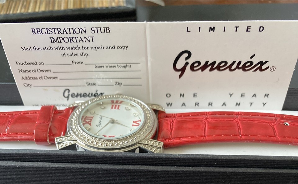 Red, Genevex, Rhinestone, wristwatch, Movt# PC21S, Keeps time, In Box ...