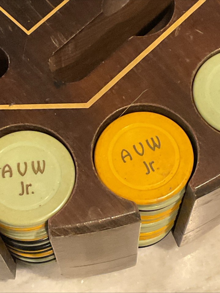 Antique Bakelite Poker Chips Wood Carousel 384 Chips 2 Decks Of Cards ...