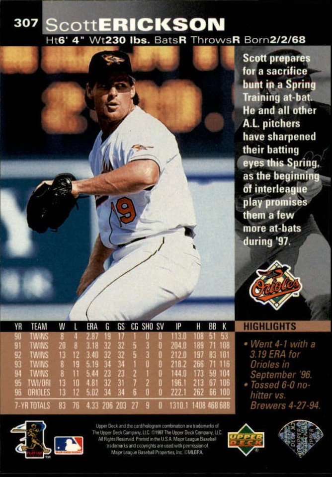 1997 Upper Deck Baltimore Orioles Baseball Card #307 Scott Erickson | eBay