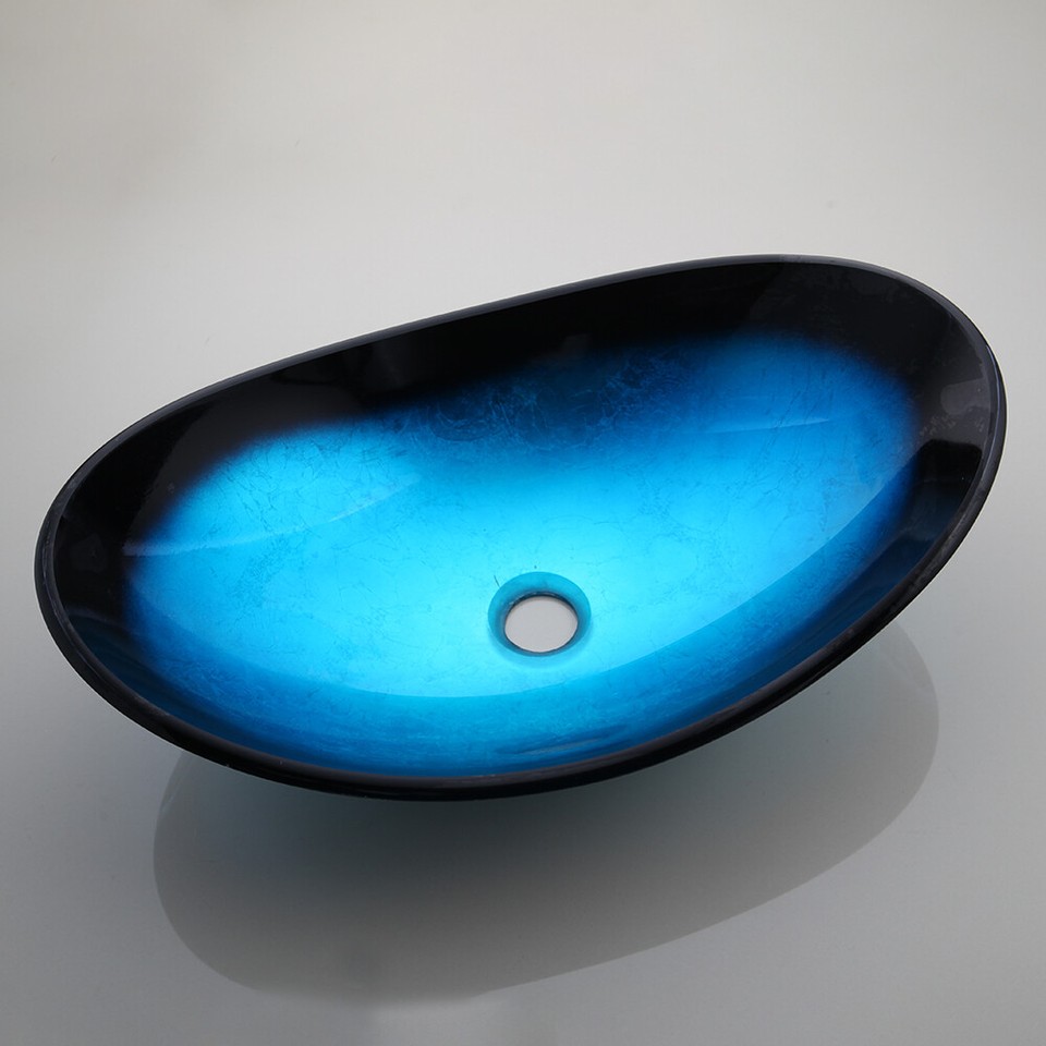 Blue Bathroom Sink Tempered Glass Vessel Sink Basin Bowl Combo Faucet ...
